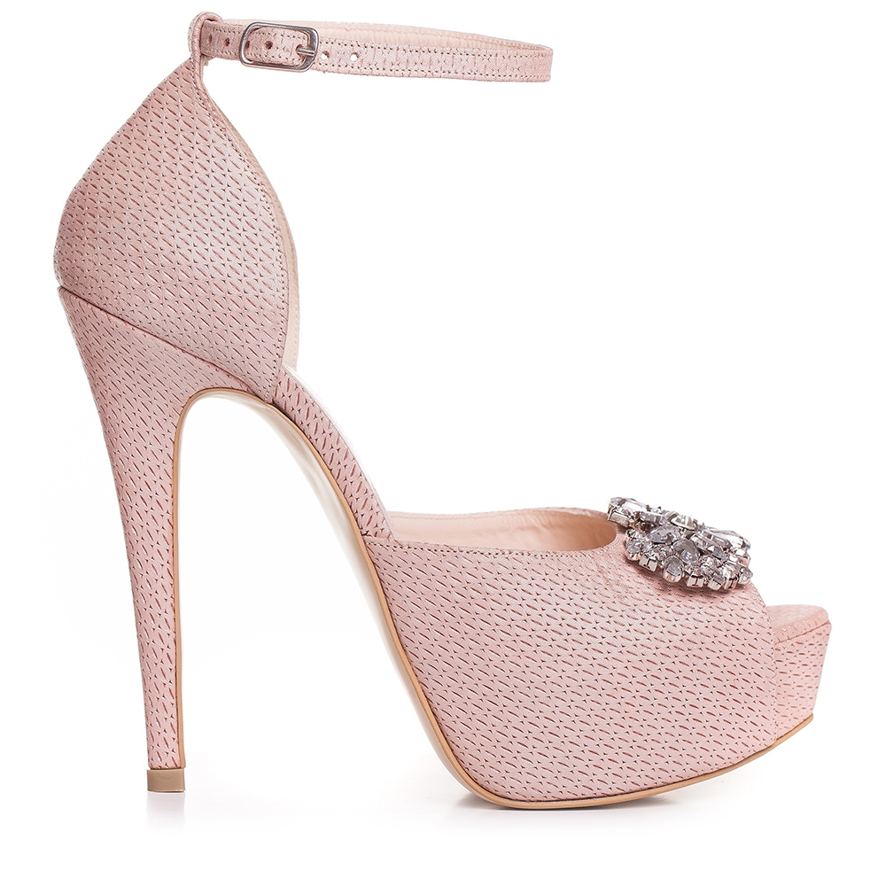 Sandale de mireasa cu platforma roz sidef accesorizati cu cristale Caressa